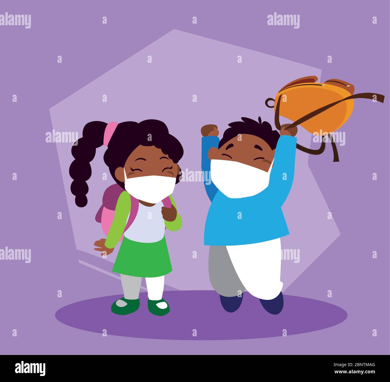 Girl and boy with masks school books and bags design of Covid 19 virus ...