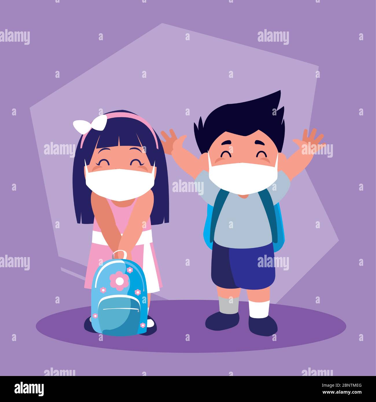 Girl and boy with masks school books and bags design of Covid 19 virus ...
