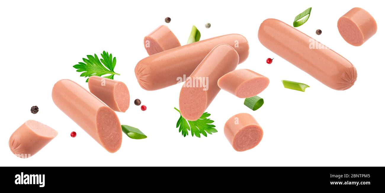 Falling boiled sausages isolated on white background Stock Photo - Alamy