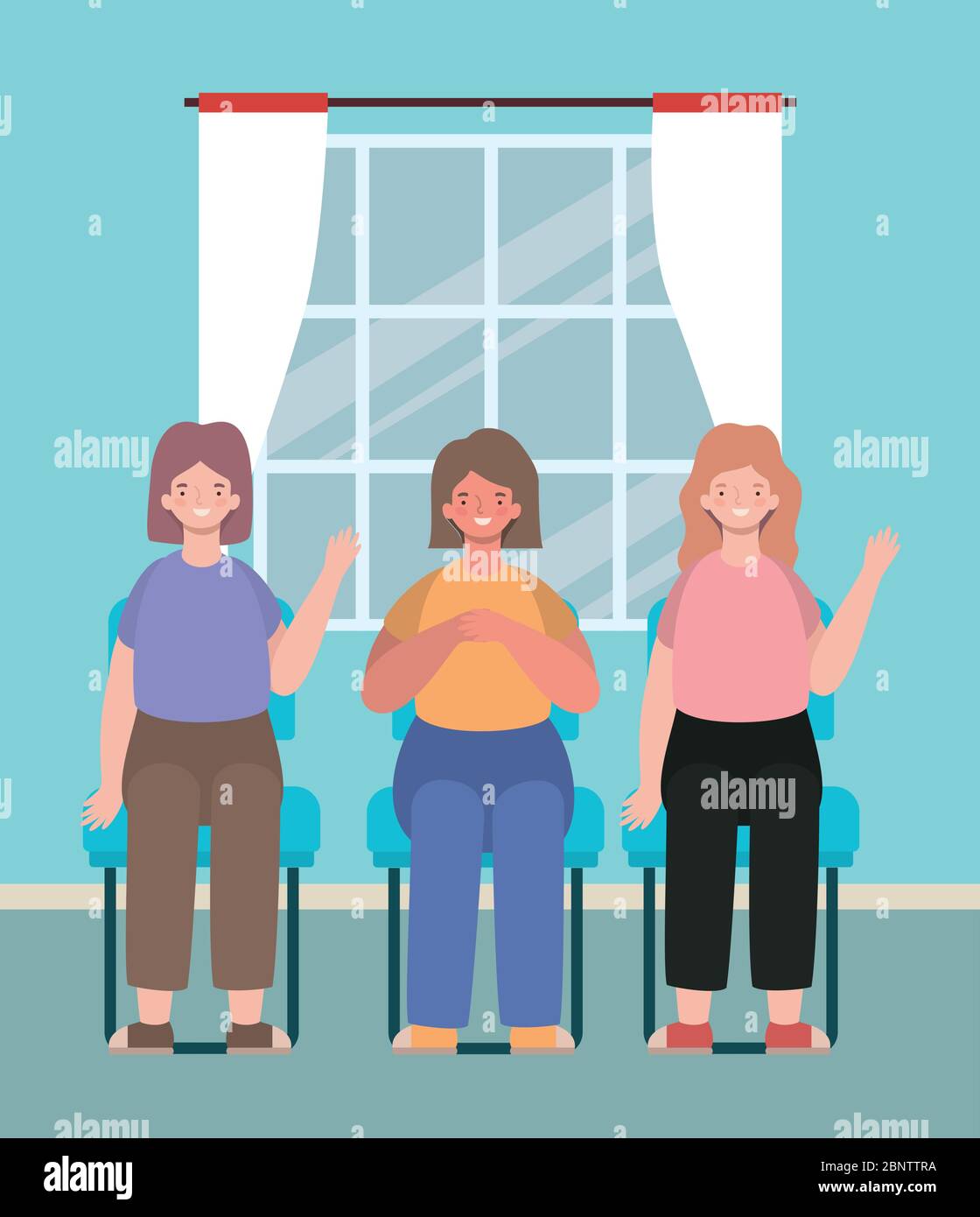 happy women cartoons sitting on seats vector design Stock Vector Image ...