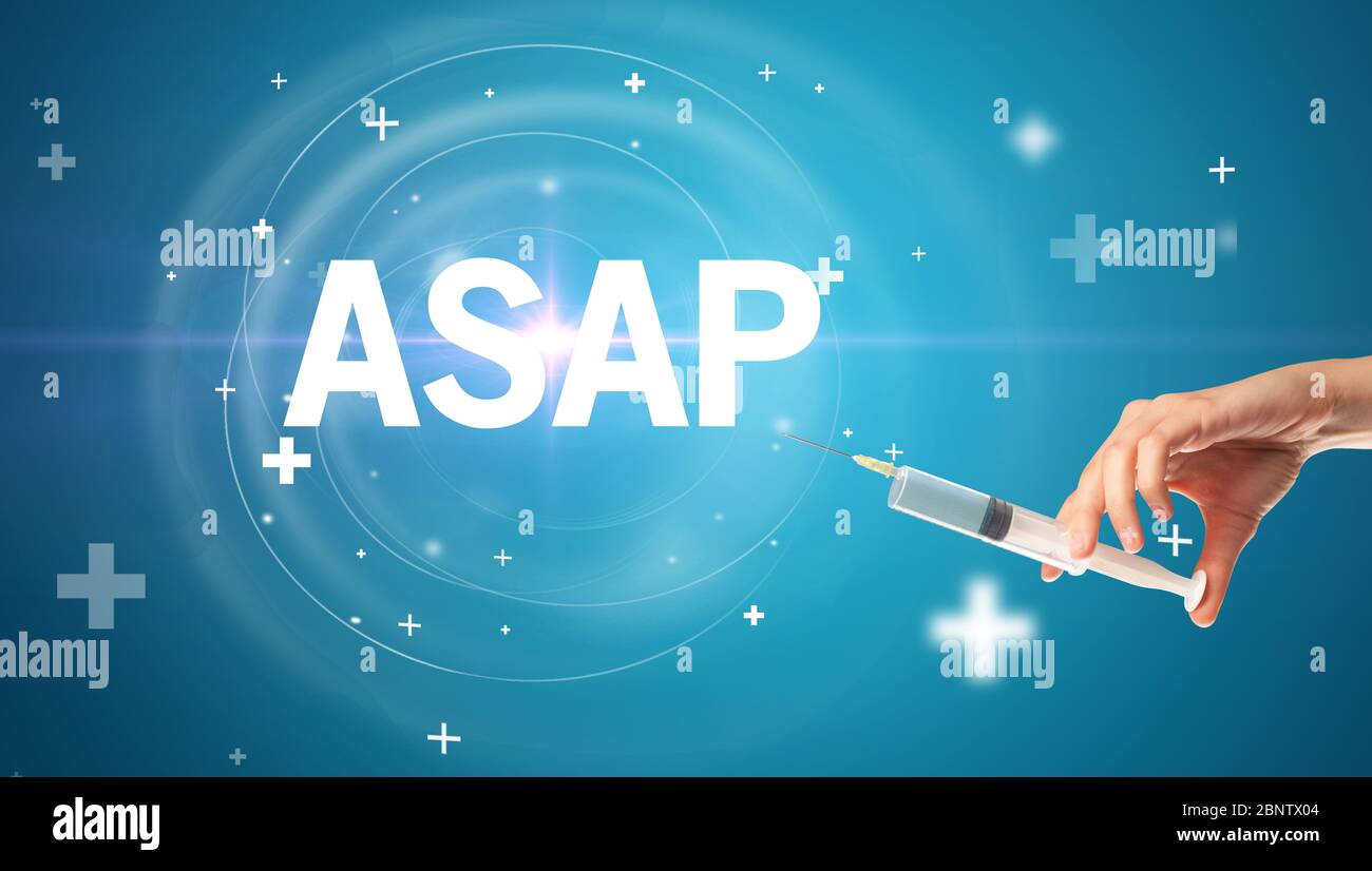 Syringe needle with virus vaccine and ASAP abbreviation, antidote ...