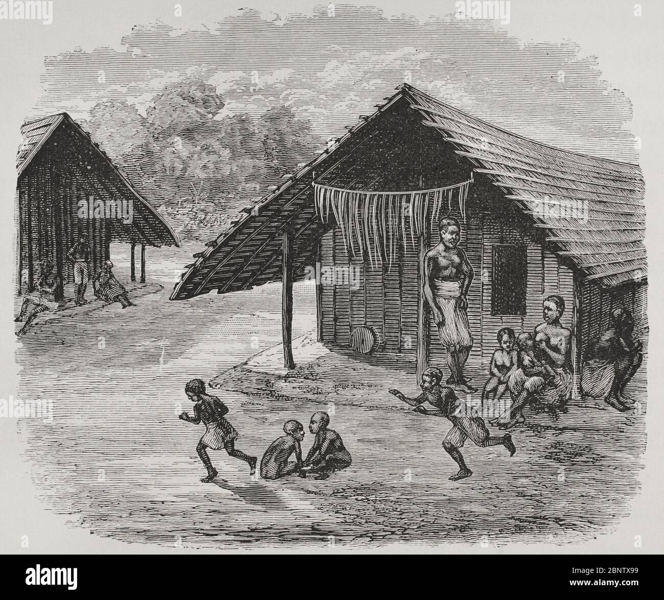 Historia de Africa. Siglo XIX. Vista de una vivienda y una familia ...