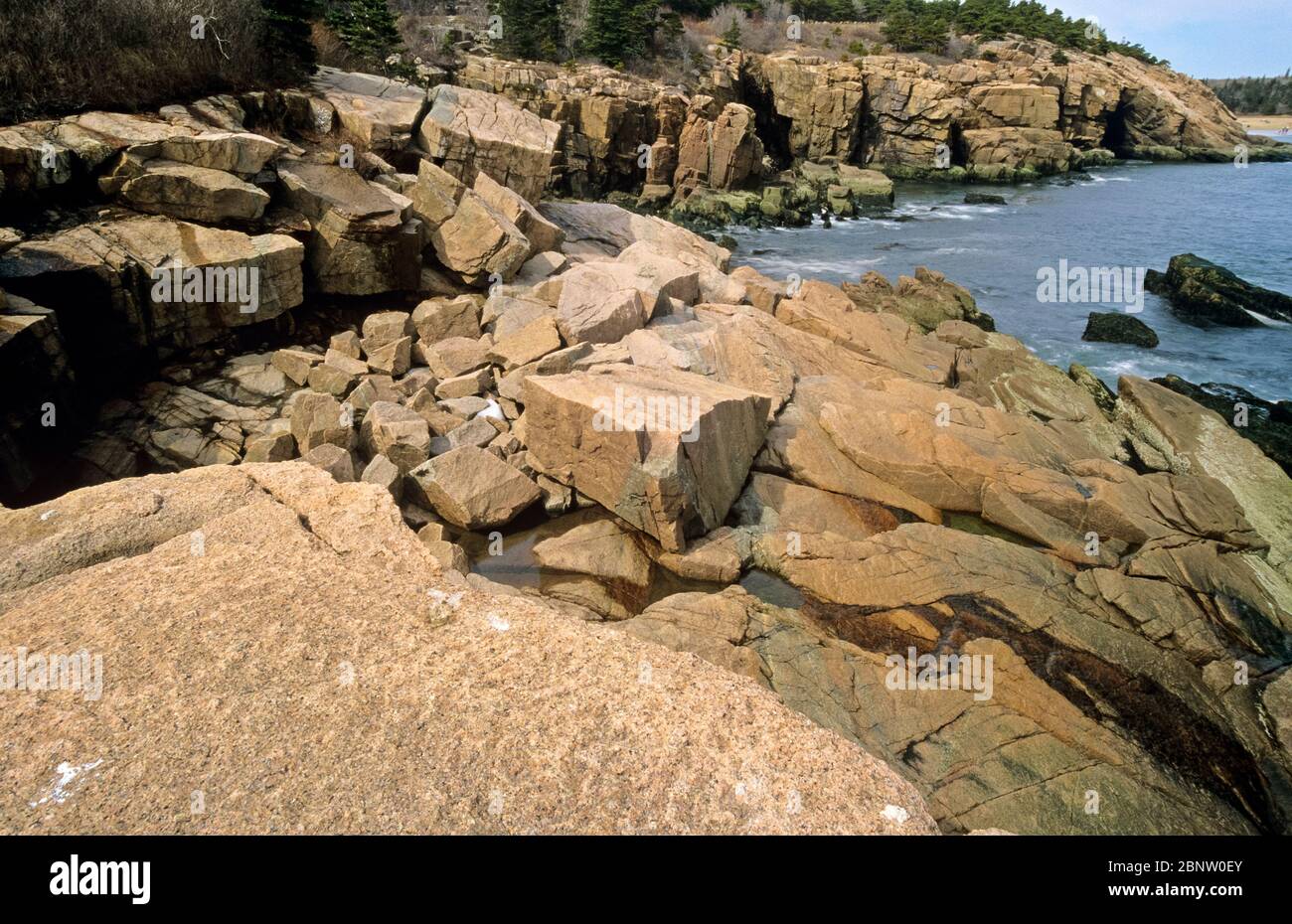 The rocky shoreline of Acadia National Park on Mount Desert Island in ...