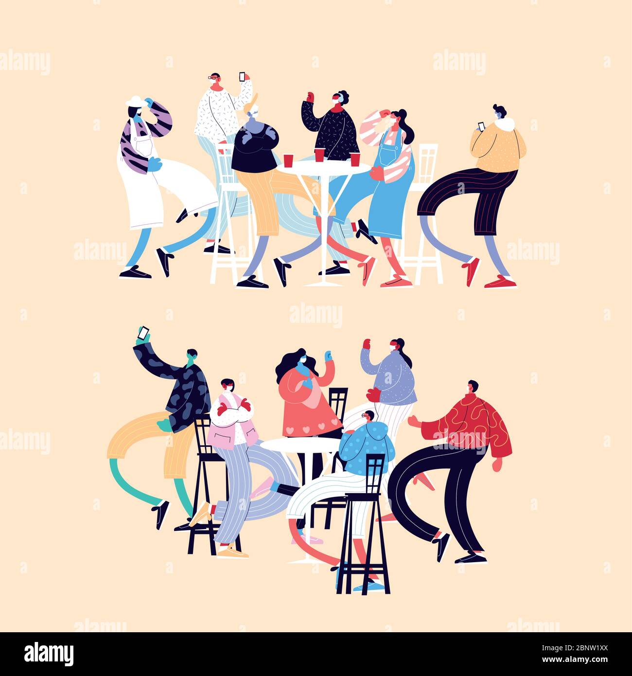 set of people dancing different poses using face masks vector ...