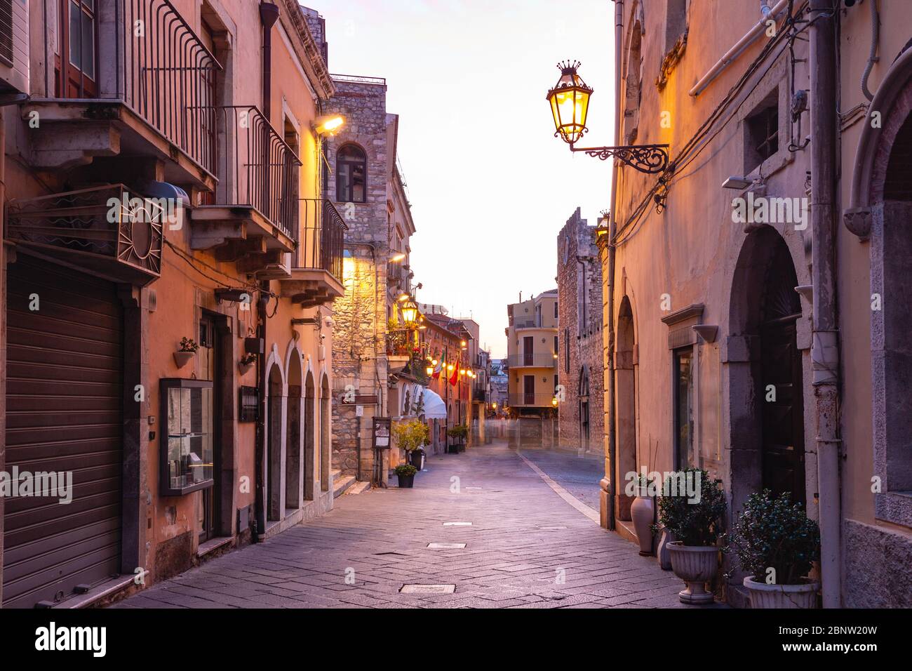 Empty Corso Umberto street near square Piazza Duomo in Taormina in the ...