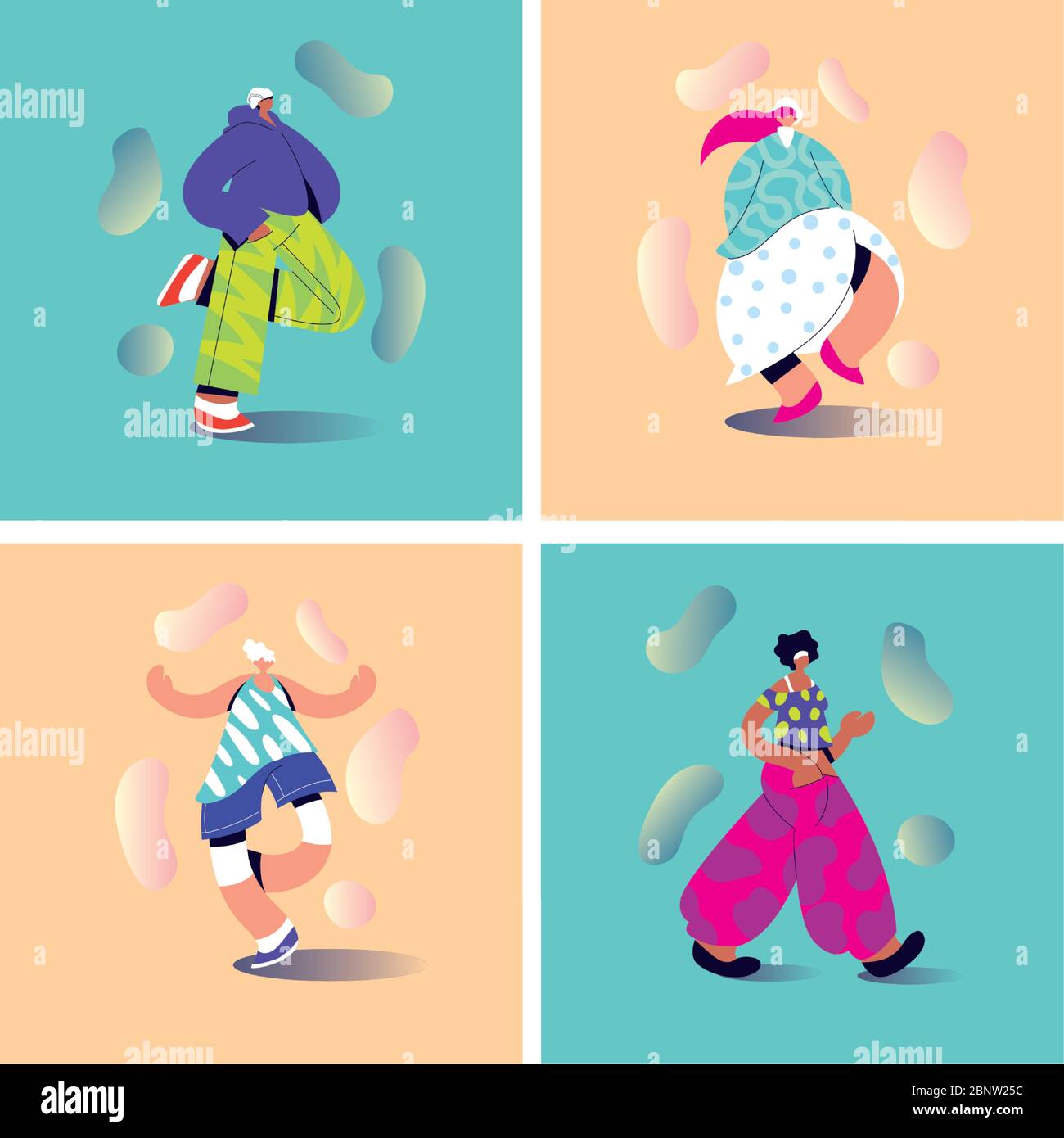 set of cards with people standing in different poses vector ...