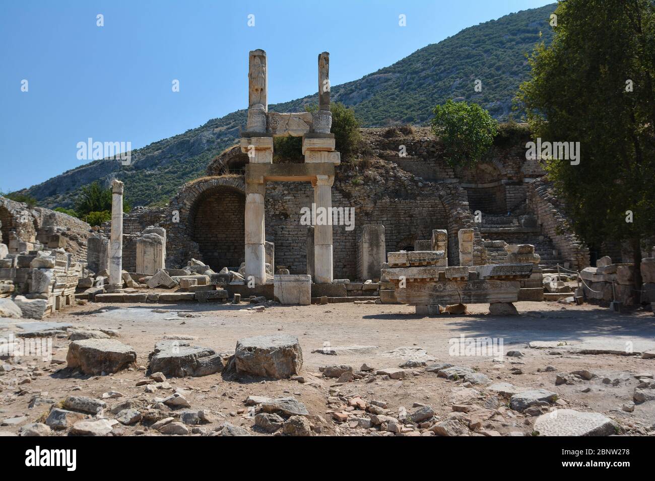 The ruins of the ancient city of Ephesus in Turkey. Temple of Domitian ...