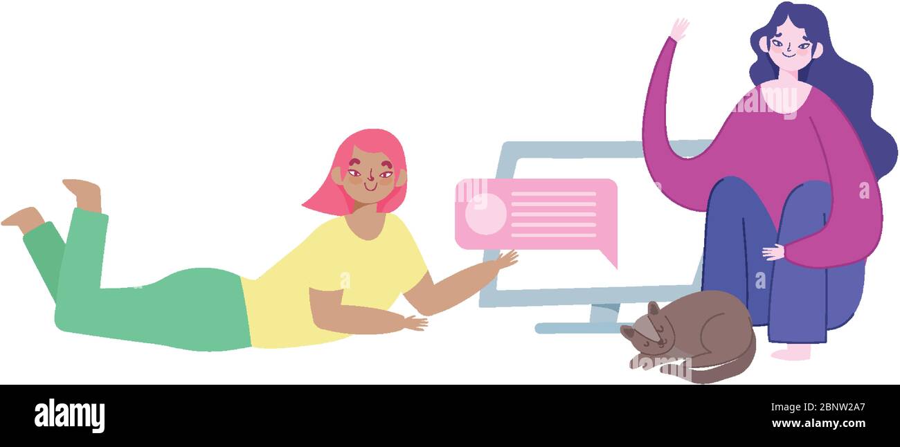 working remotely, women cartoon on floor with computer and cat vector ...