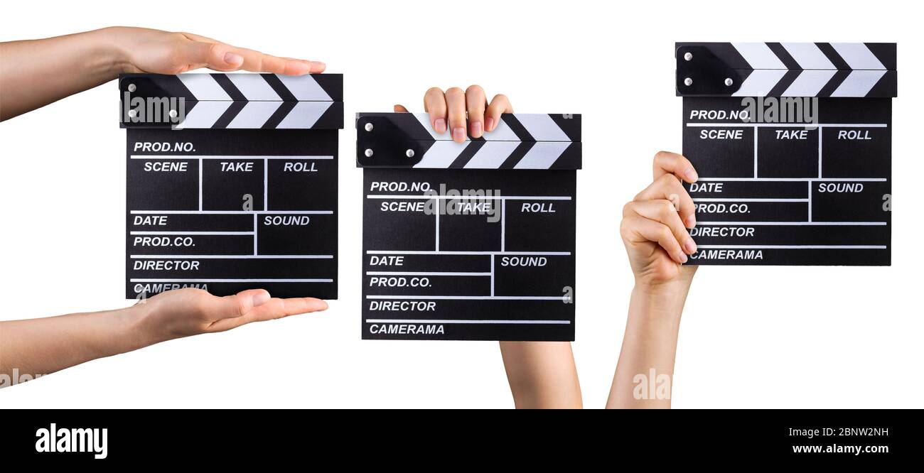 Set of film clapper boards and human hands isolated on white background ...