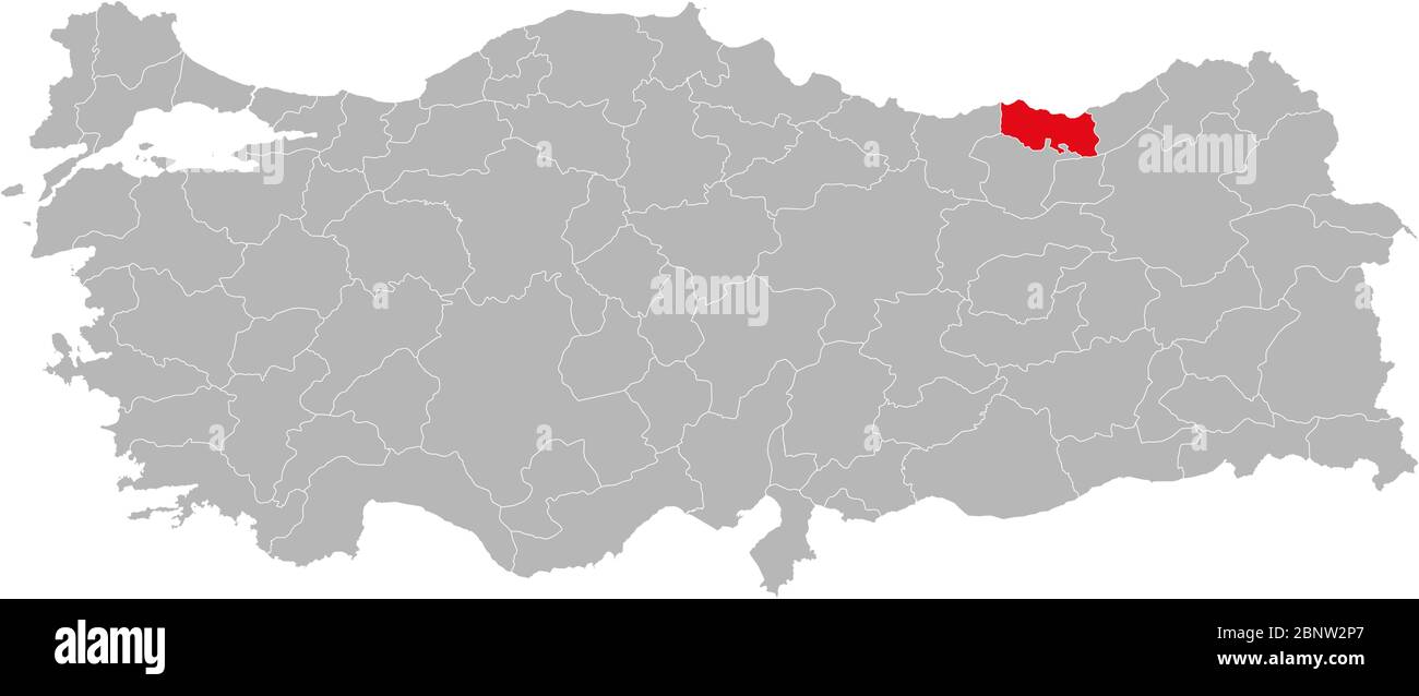 Trabzon province marked red color on turkey map vector. Gray background ...