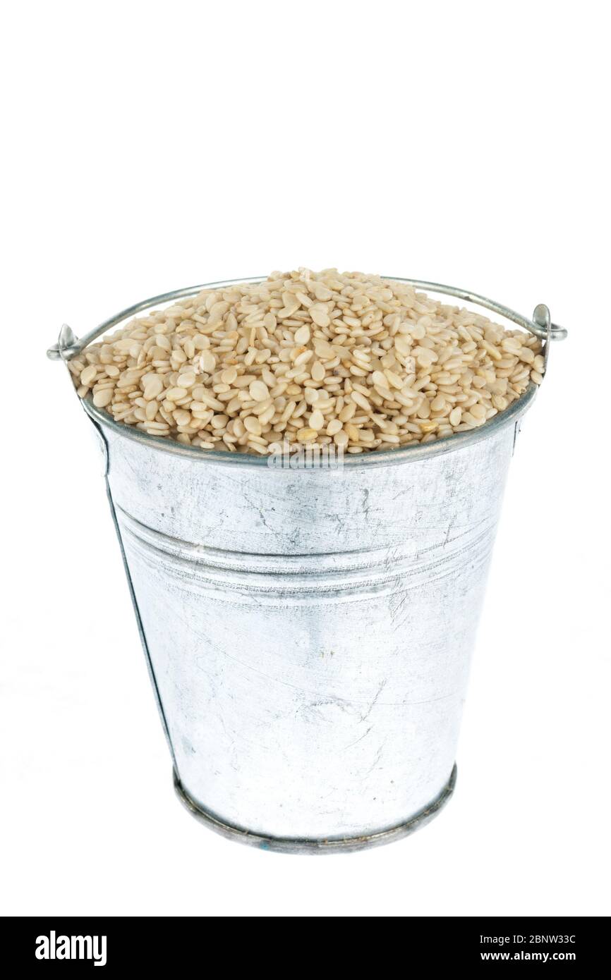 Full bucket of sesame seeds on a white background. With place for text ...
