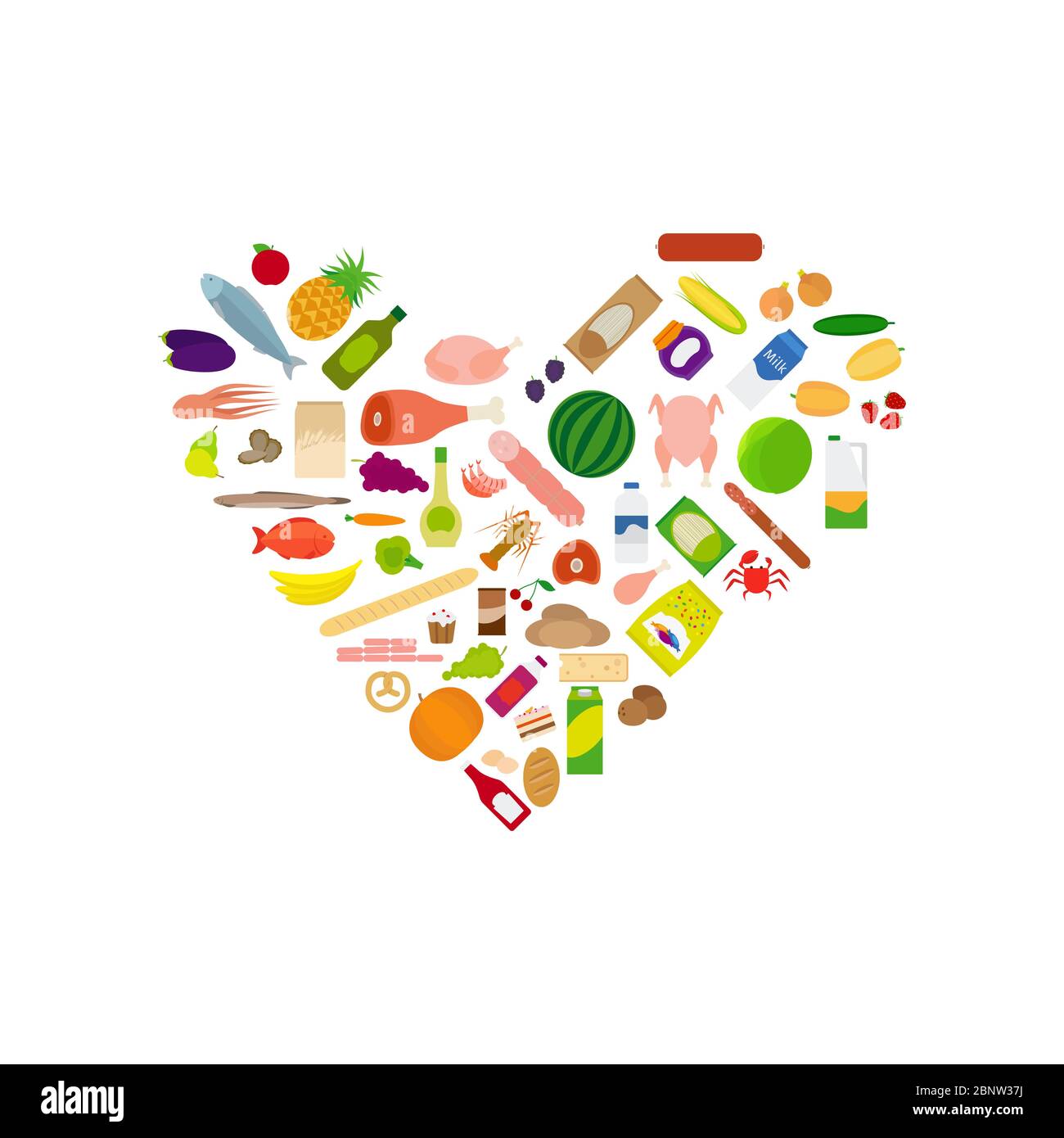 Food icons collection in heart shape isolated on white. Vector ...