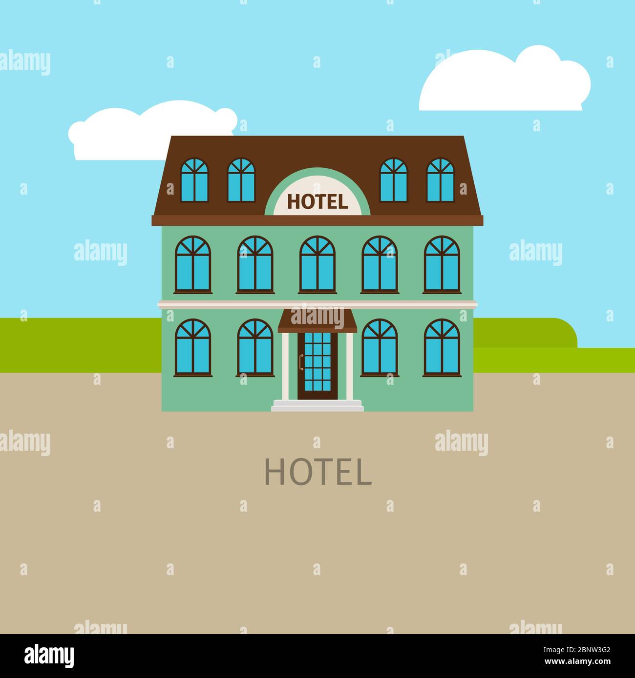 Colored urban hotel building with sky nad clouds. Vector illustration ...