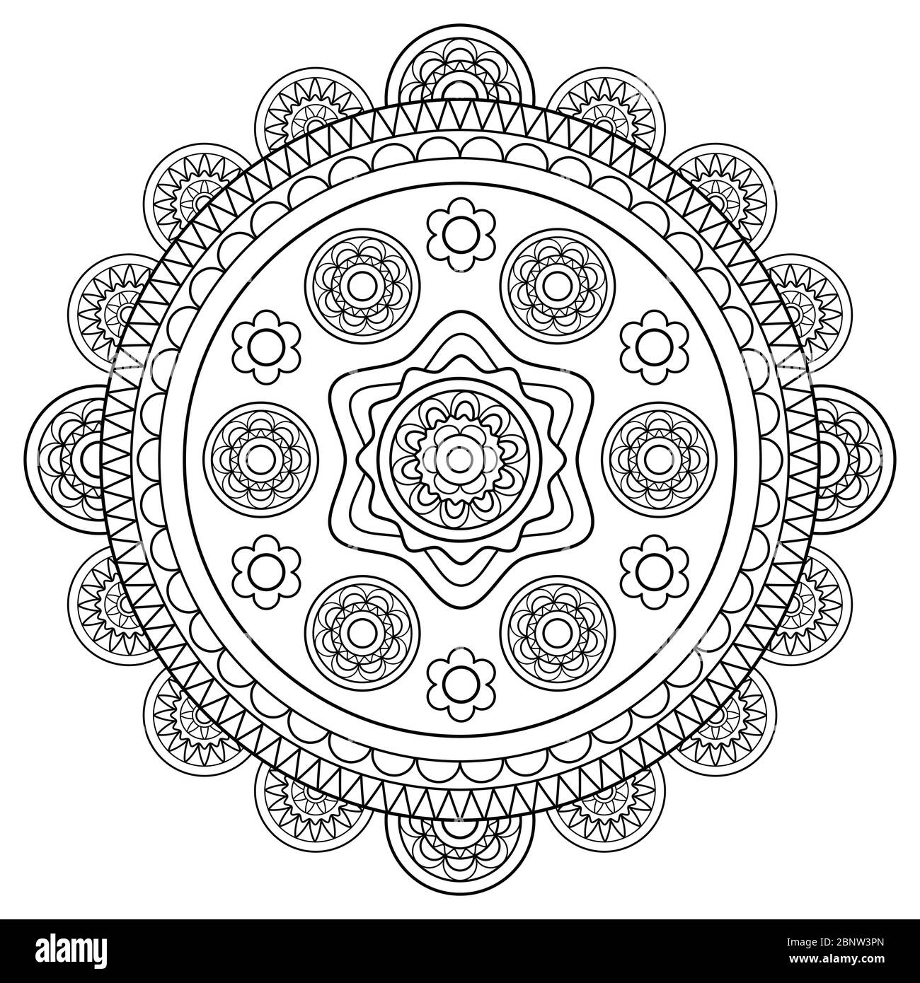 Round floral hand drawn rosette in black and white. Vector illustration ...