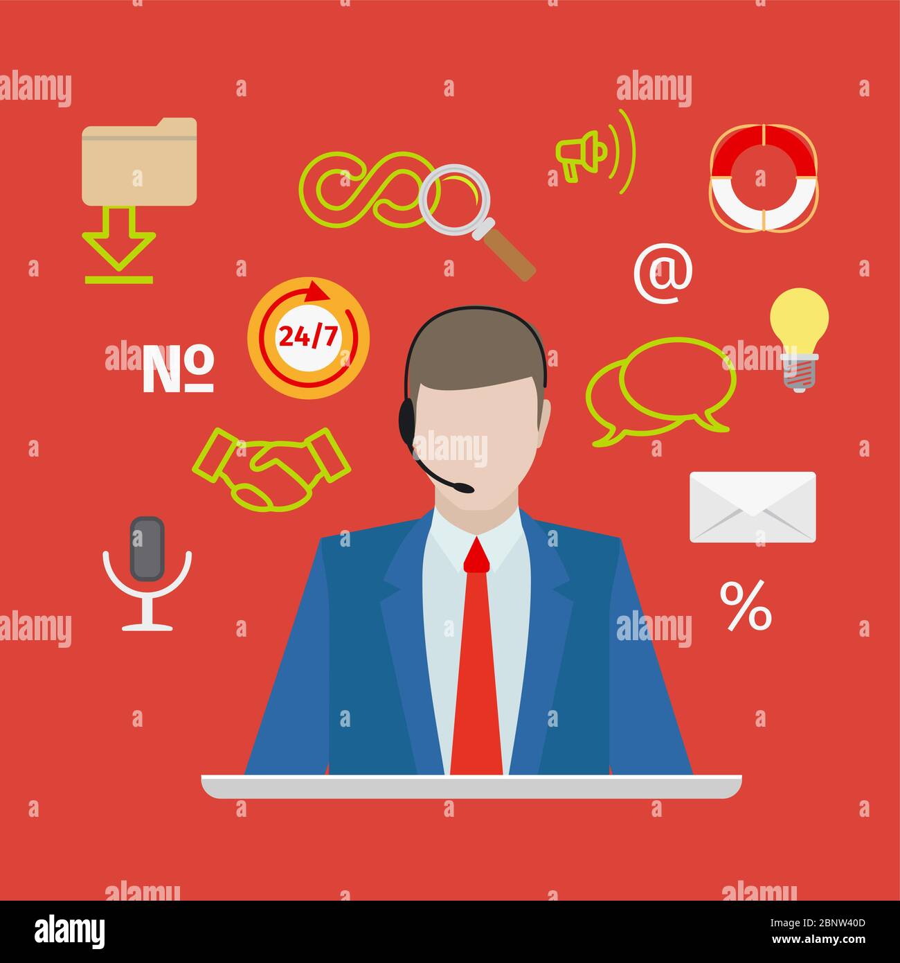 Call center or support with man flat style orange background. Vector ...