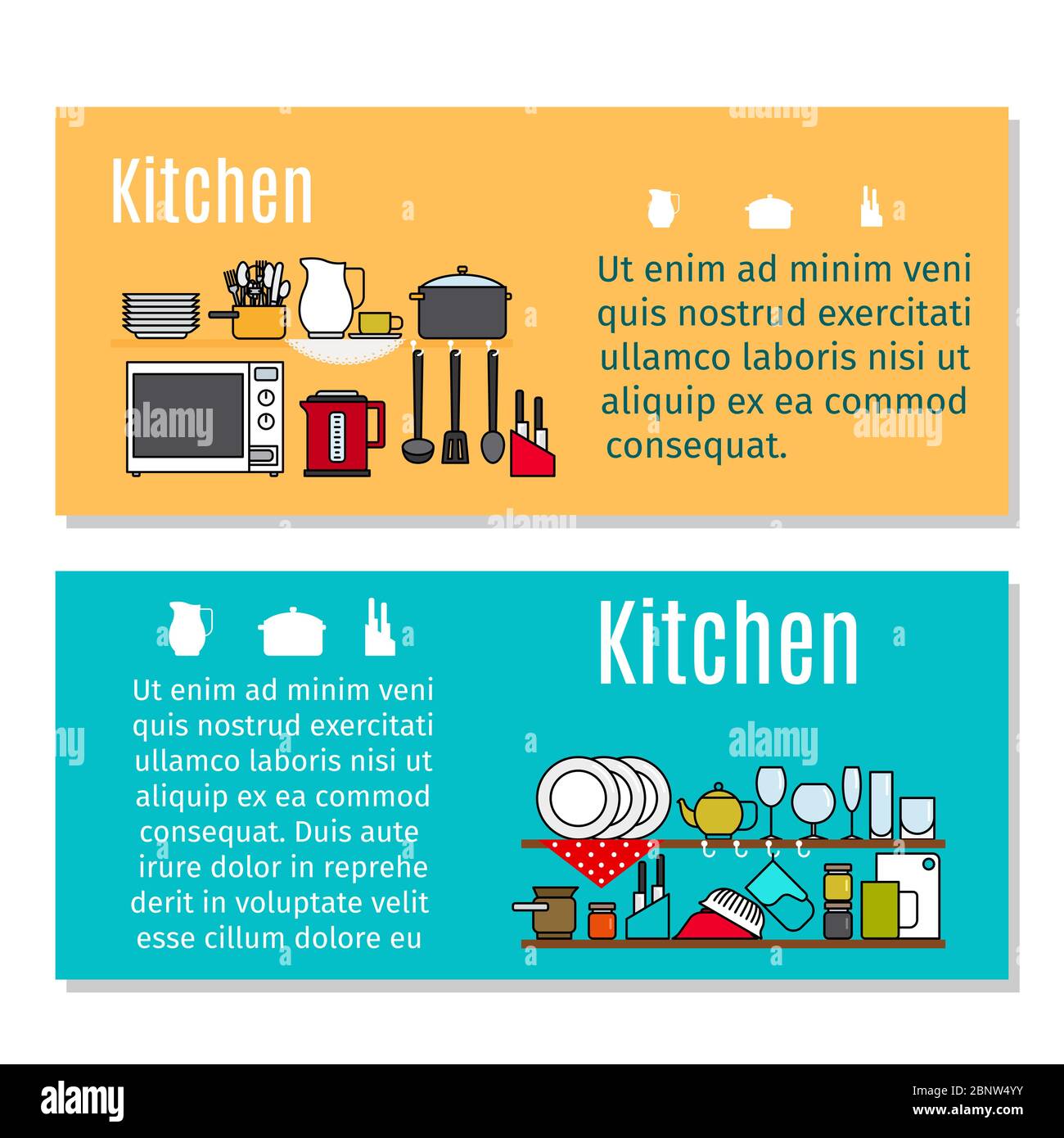 Kitchen horizontal flyers in cartoon style. Vector illustration Stock ...