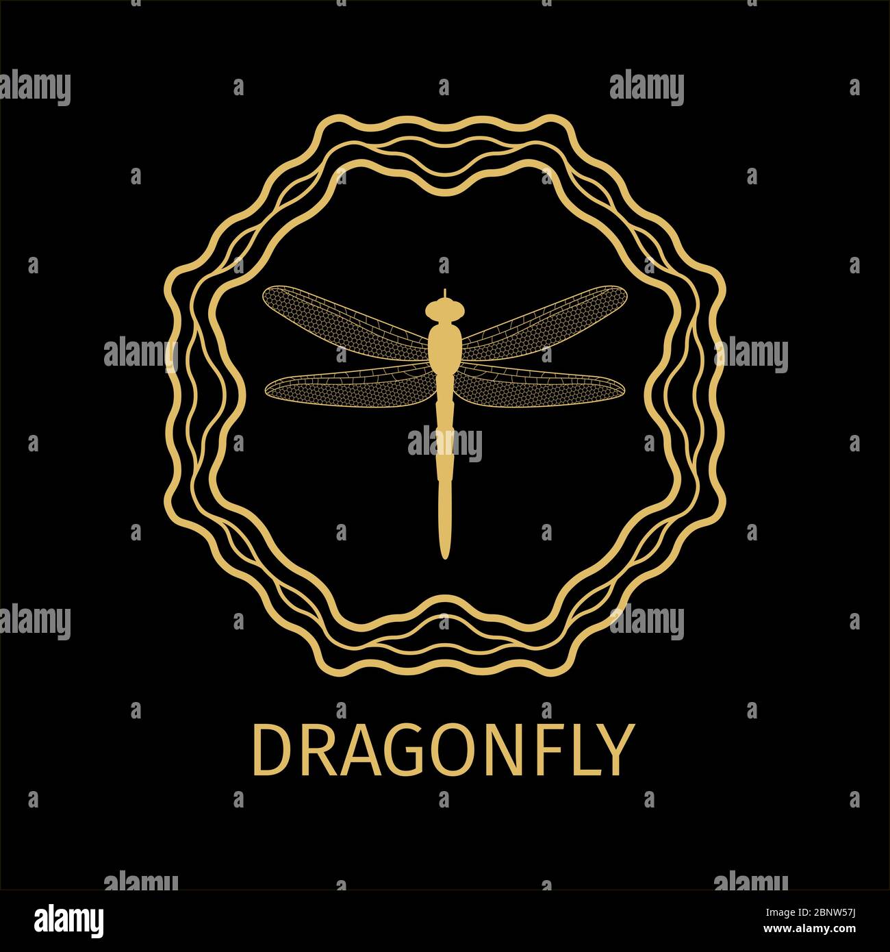 Label with dragonfly in calligraphy framework on dark background ...