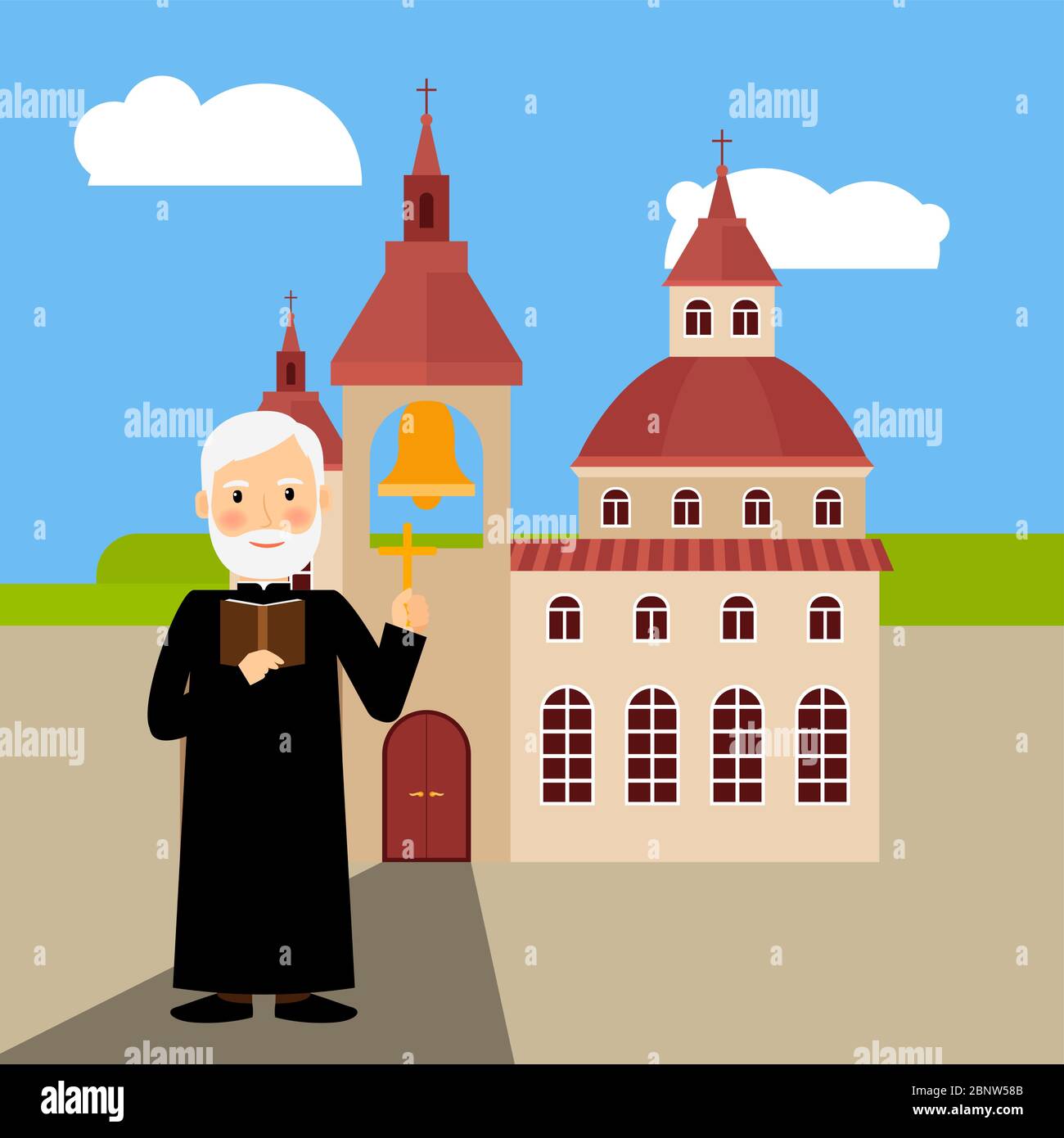 Colored church building with pastor near it, vector illustration Stock ...