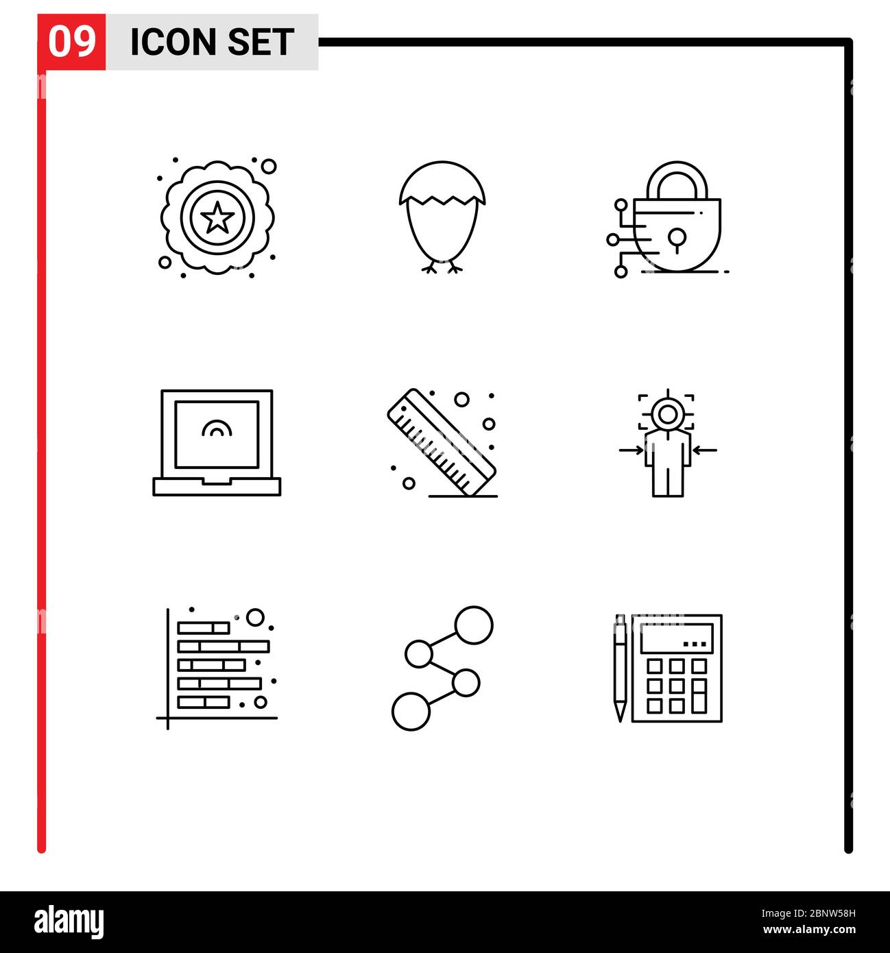 9 Universal Outline Signs Symbols of target, man, lock, school, measure ...