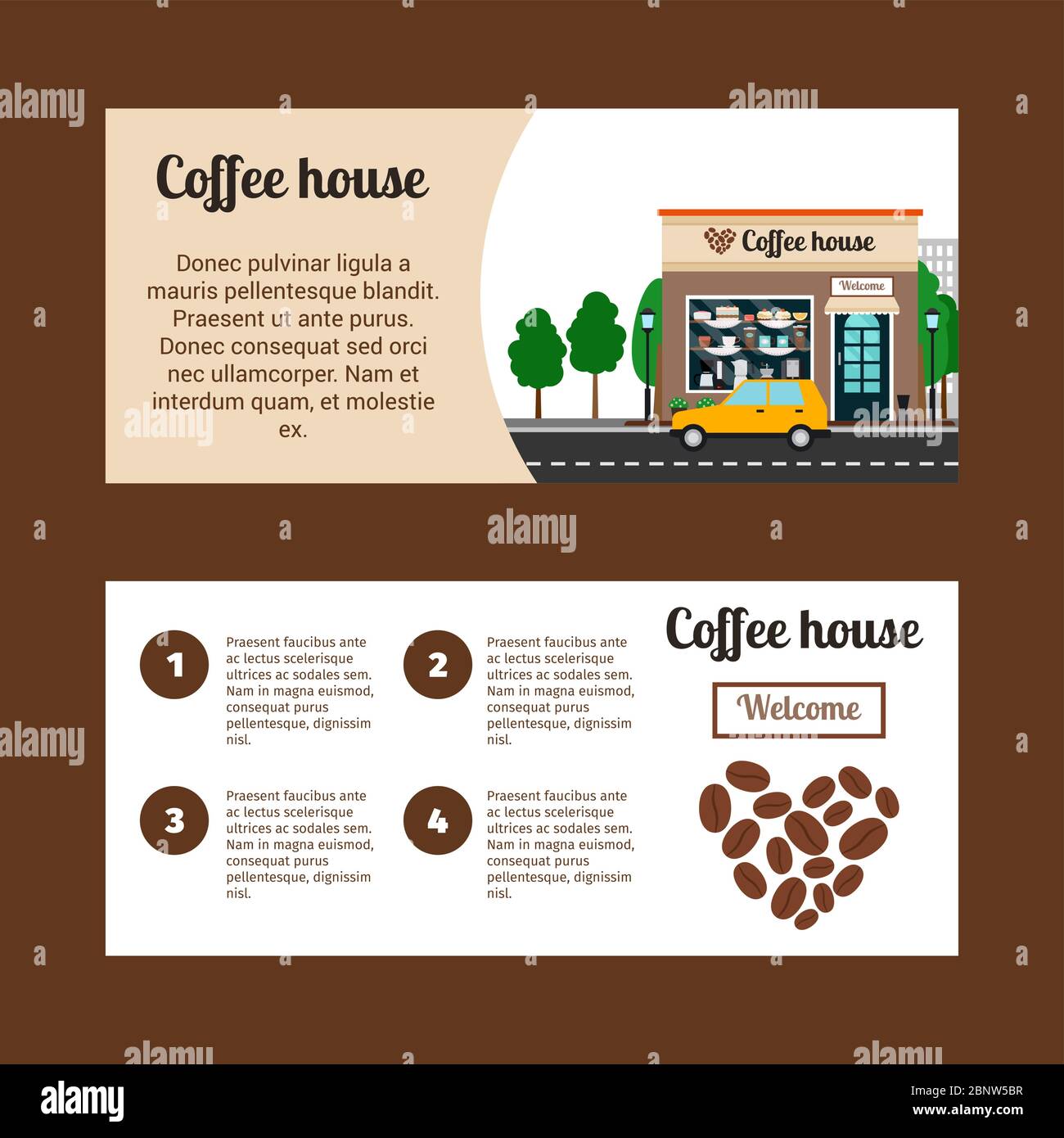 Coffee house horizontal flyers with shop building and landscape, vector ...
