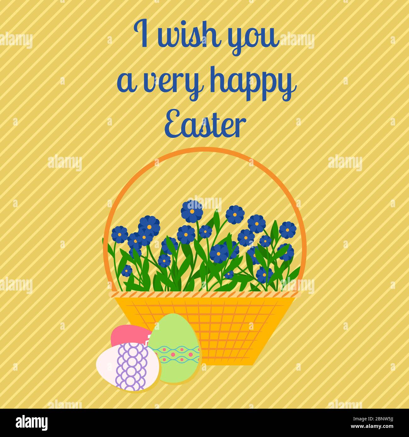 Happy Easter yellow vertical greeting card, with eggs and basket of ...