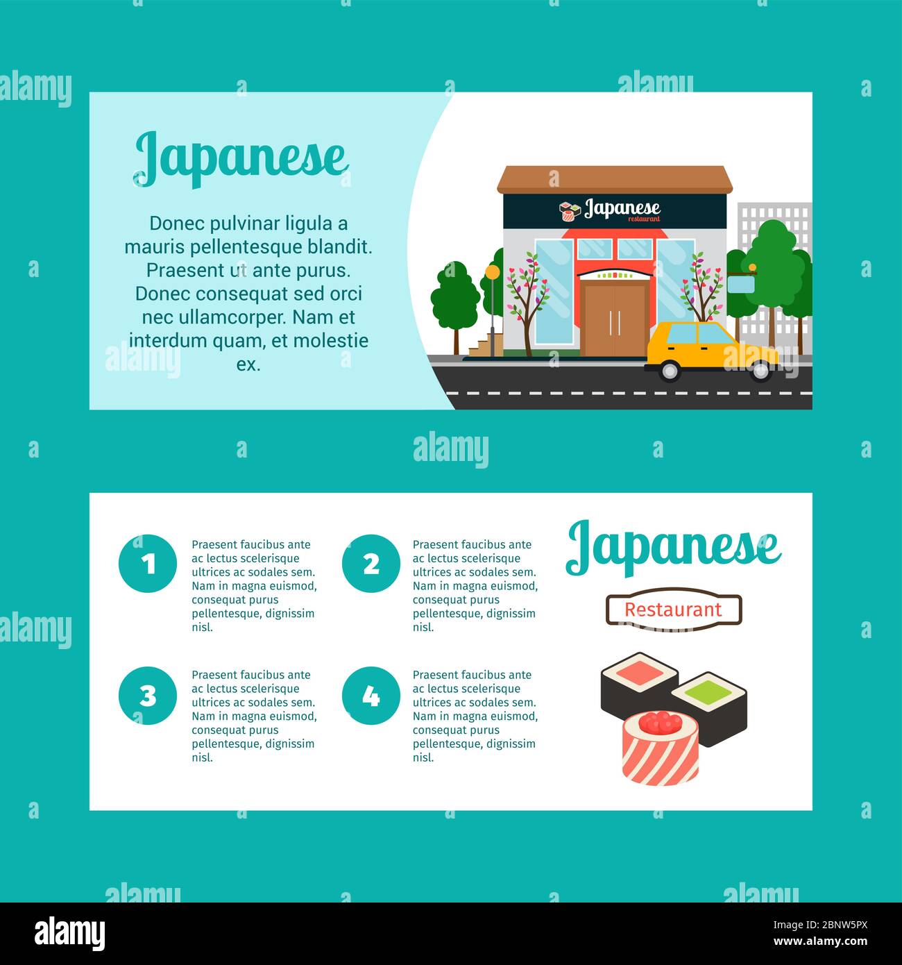 Japanese horizontal flyers with shop building and landscape, vector ...