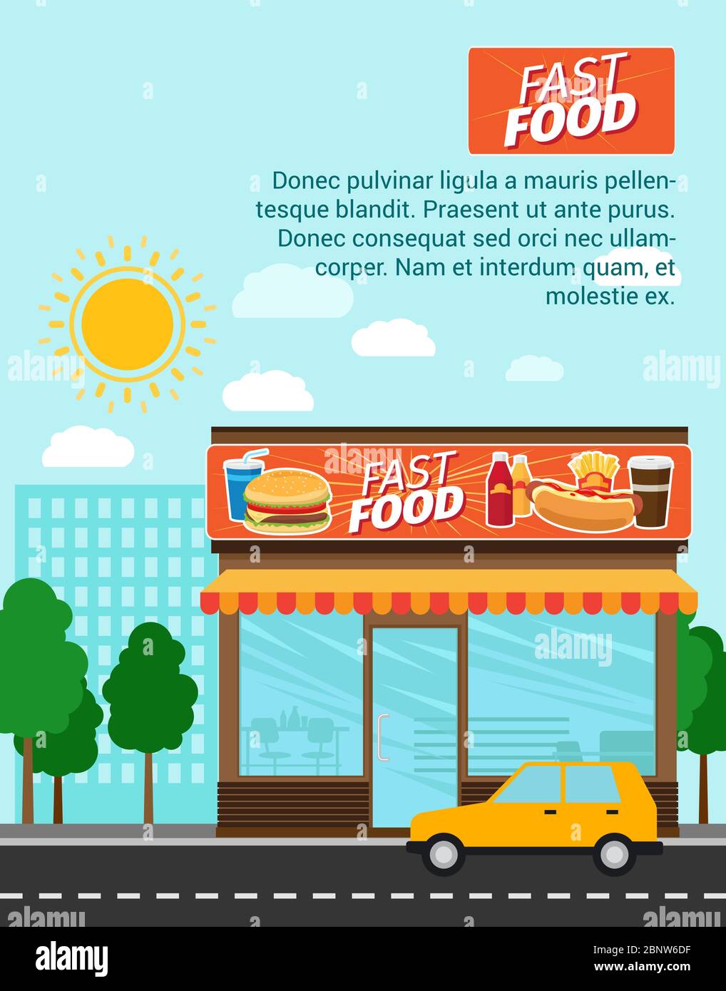 Fast food advertising banner with shop building and landscape. Vector ...