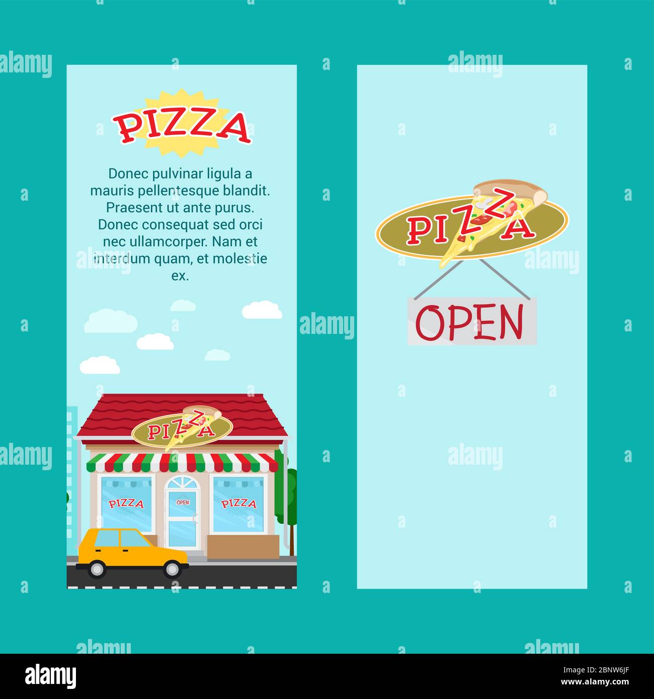 Pizza vertical flyers with shop building and landscape, vector ...