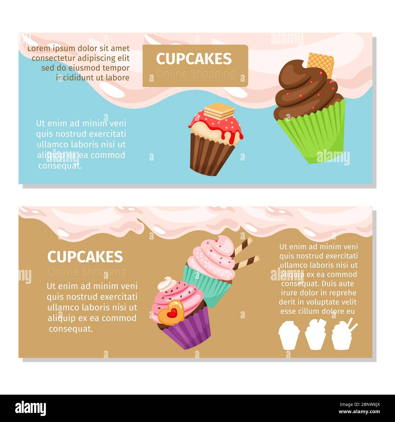 Online shopping cupcakes and muffin horizontal flyers design. Vector ...