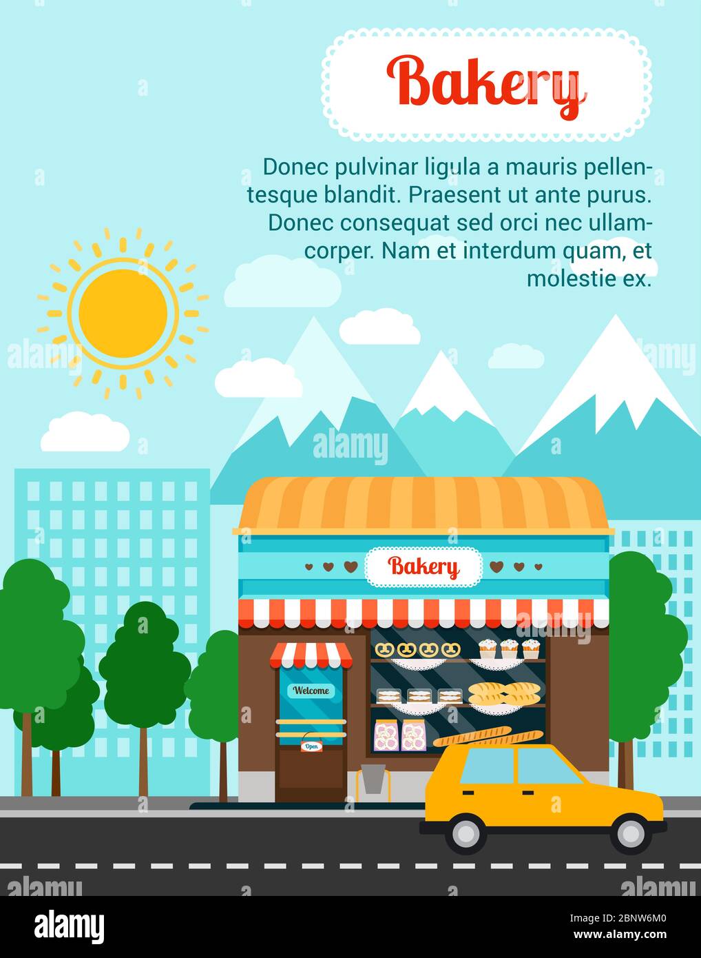 Bakery advertising banner with shop building and landscape. Vector ...