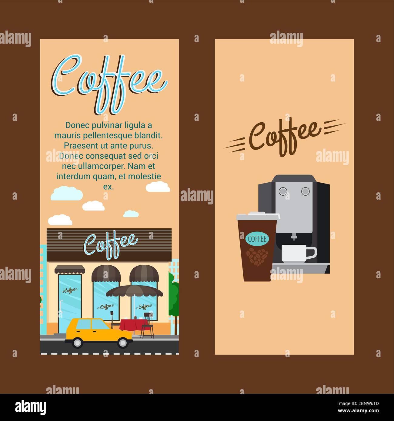 Coffee vertical flyers with shop building and landscape, vector ...