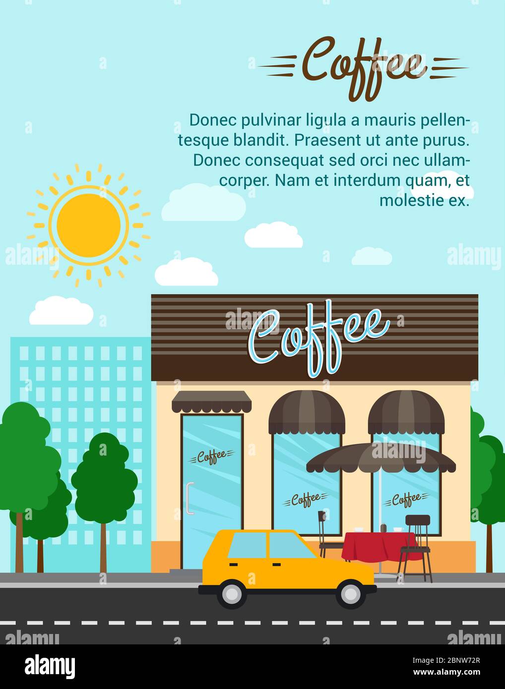Coffee advertising banner with shop building and landscape, vector ...