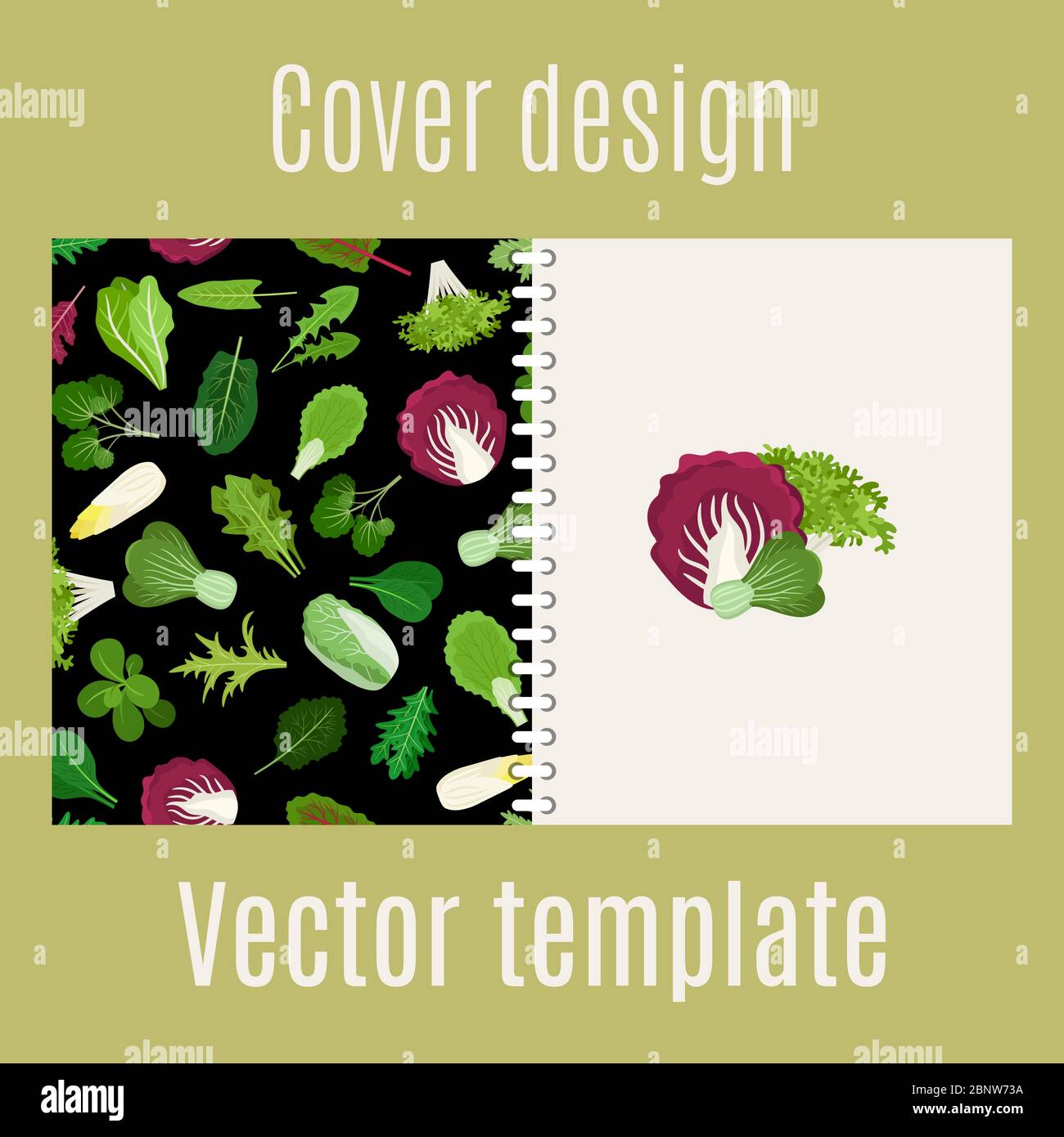 Cover design for print with salad green vegetables lettuce leaves and ...