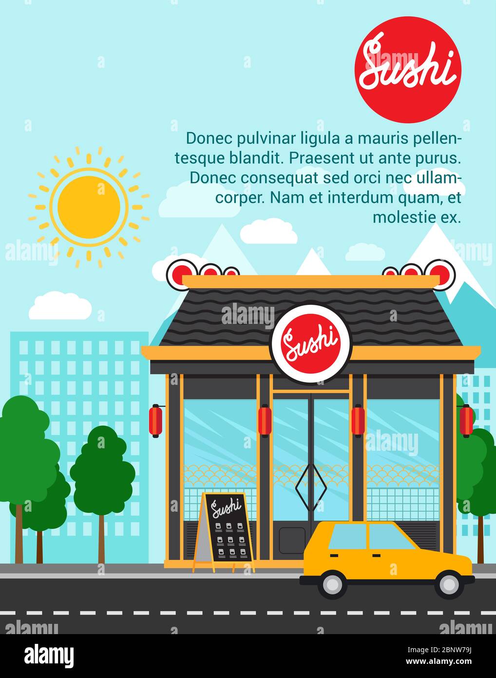 Sushi advertising banner with shop building and landscape, vector ...