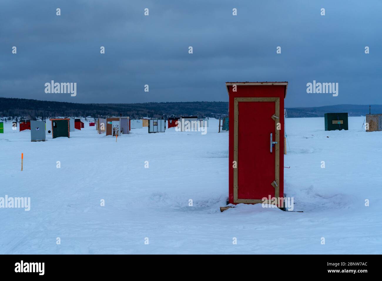 Ice fishing shanties on a frozen lake in Quebec's Gaspé Peninsula ...