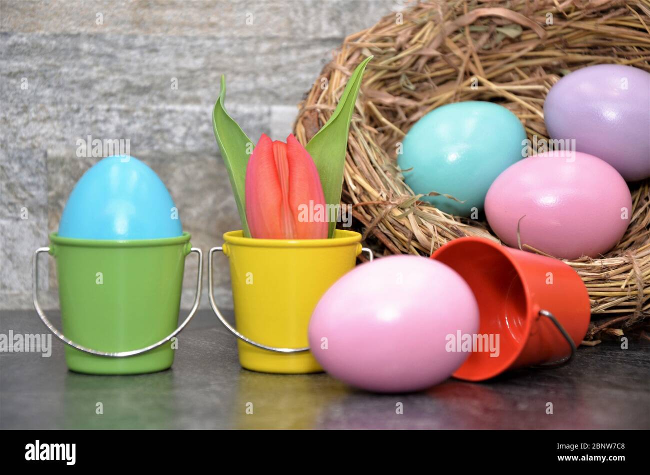 colored eggs easter scenery Stock Photo - Alamy