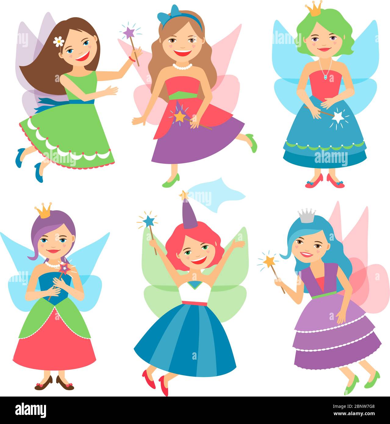 Little fairy girls whith wings and in ball dresses. Vector illustration ...