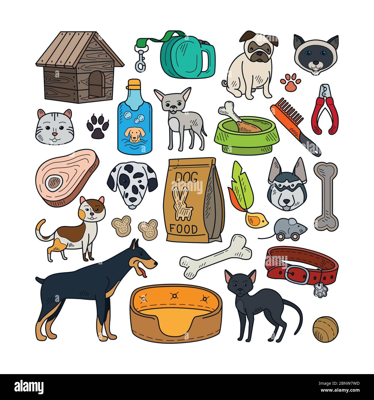 Vector hand drawn pets. Cats and dogs colorful icons Stock Vector Image ...