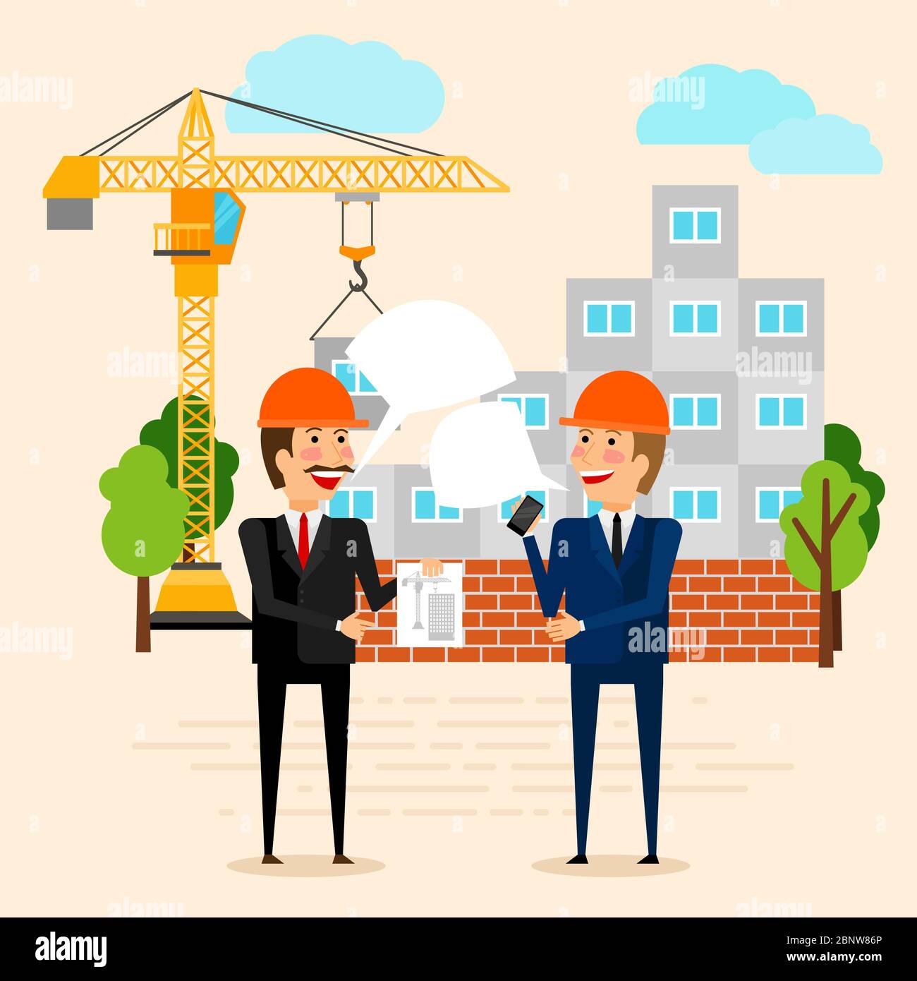 Construction or building vector illustration. Builders discussing ...