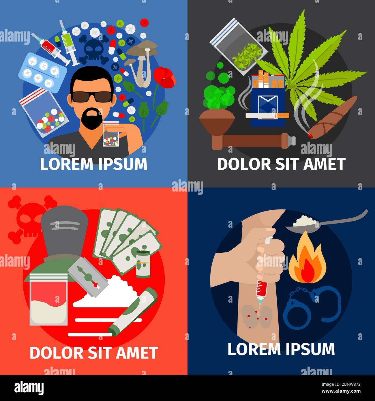 Drugs addiction vector concept. Drug injection and marijuana pipe ...