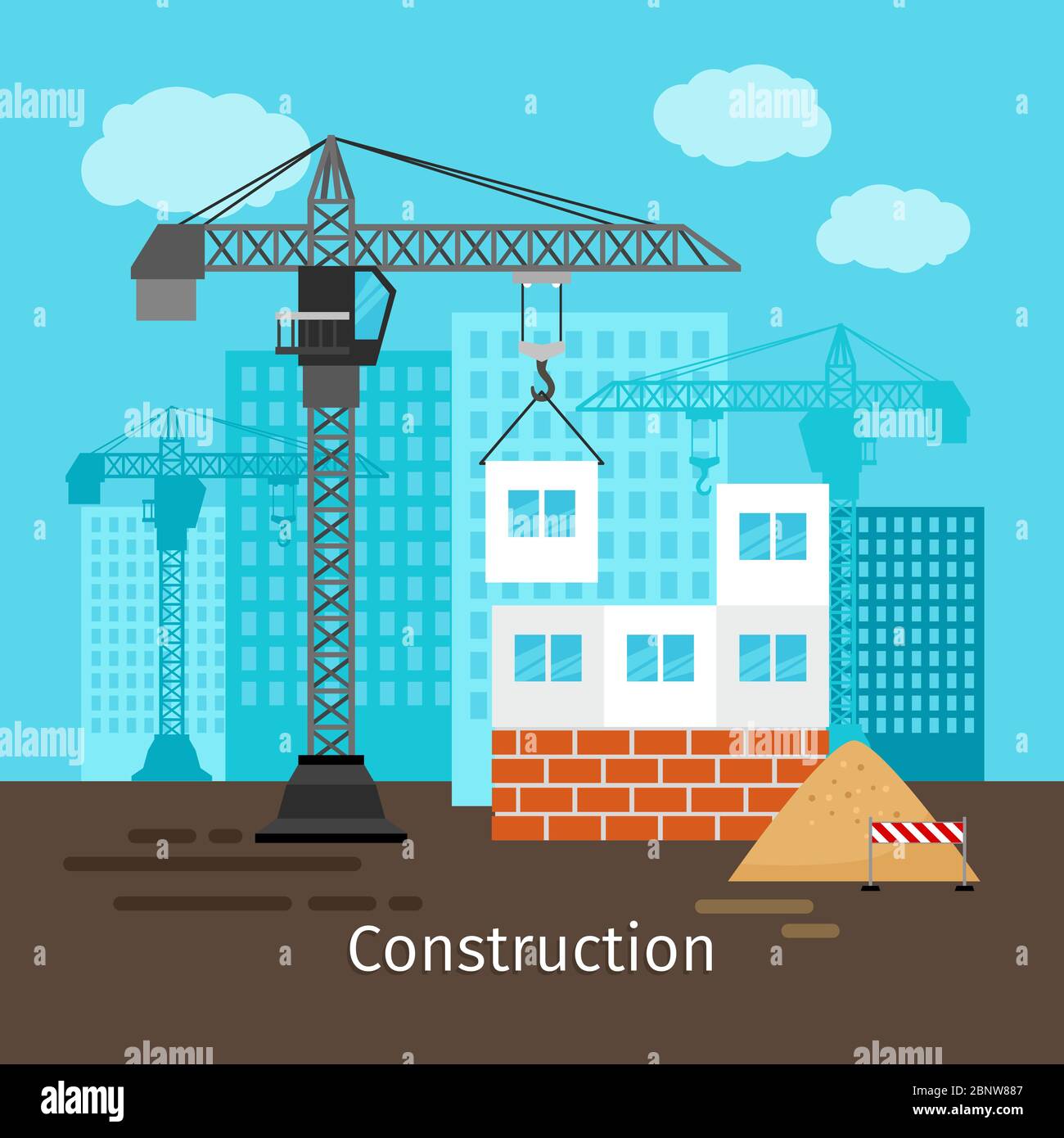 House construction with building crane for site construction vector ...
