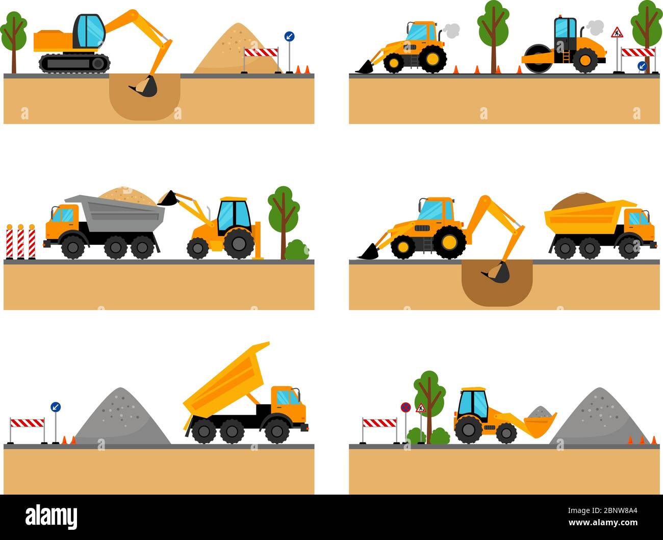 Building site machinery vector illustration. loader and excavator ...