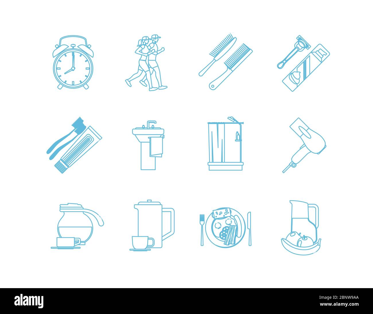 Good Morning Time Line Art Icons. Jogging and shower,breakfast and ...