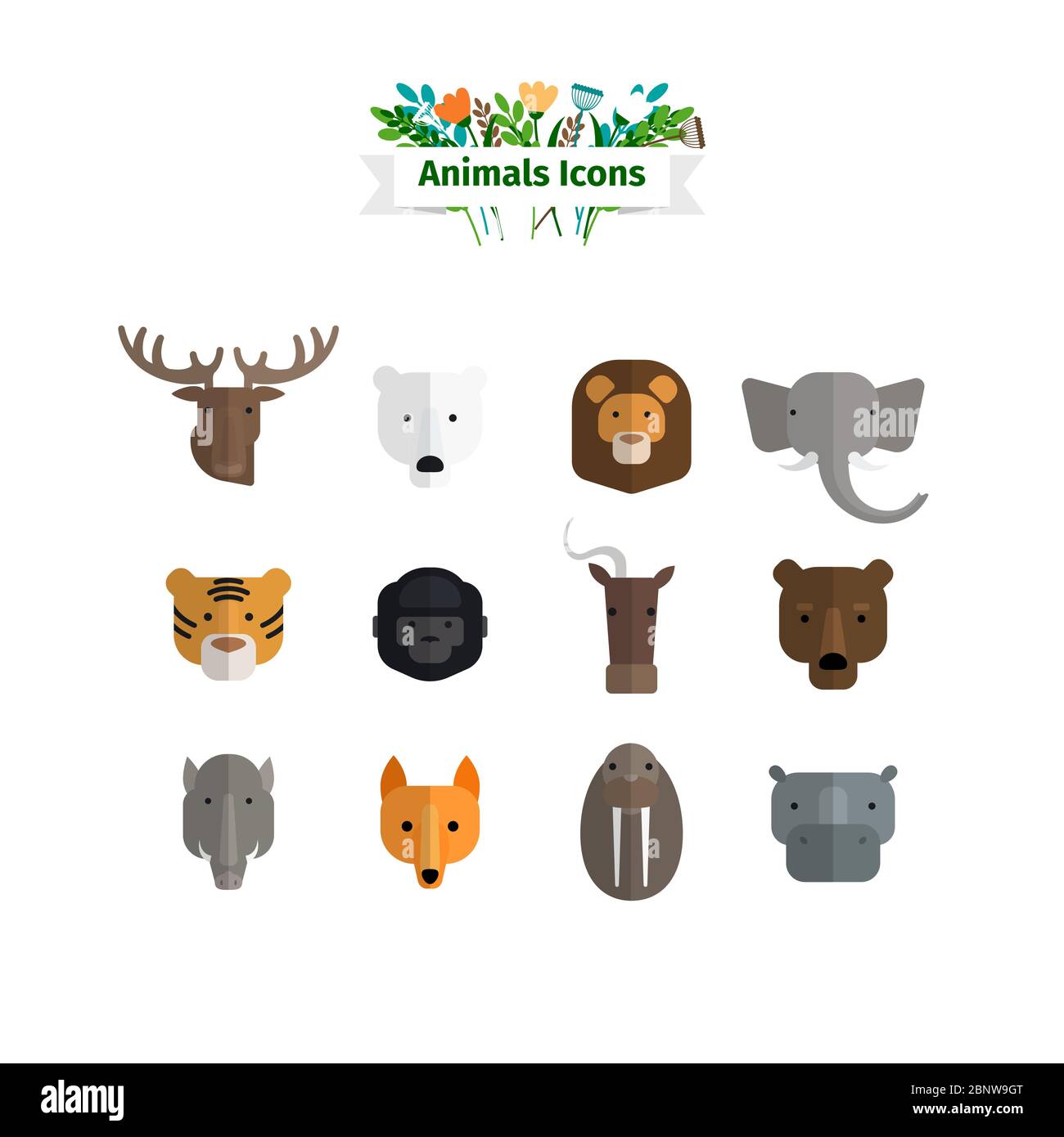 Wild Animals Faces Flat Avatars Set. Vector illustration Stock Vector ...