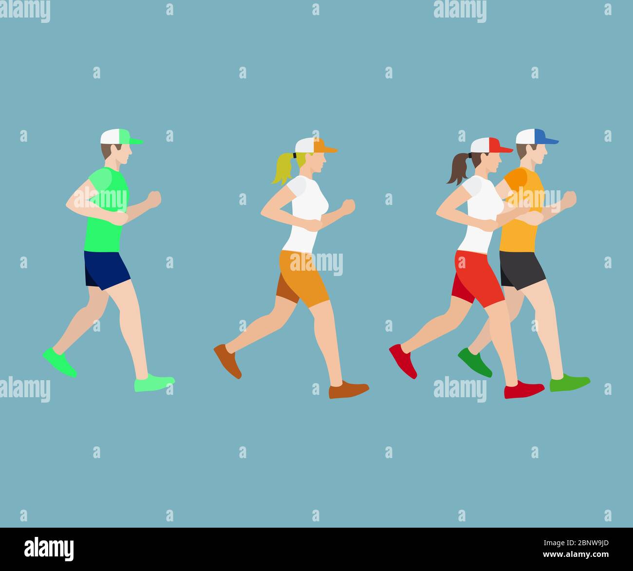 Run man and woman flat icons on blue background. Vector illustration ...
