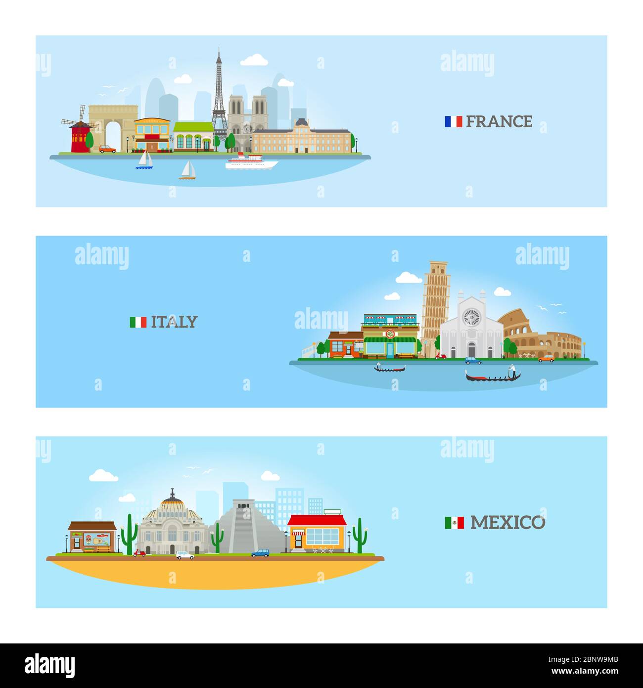 France, Italy and Mexico skyline horizontal banners. Vector ...