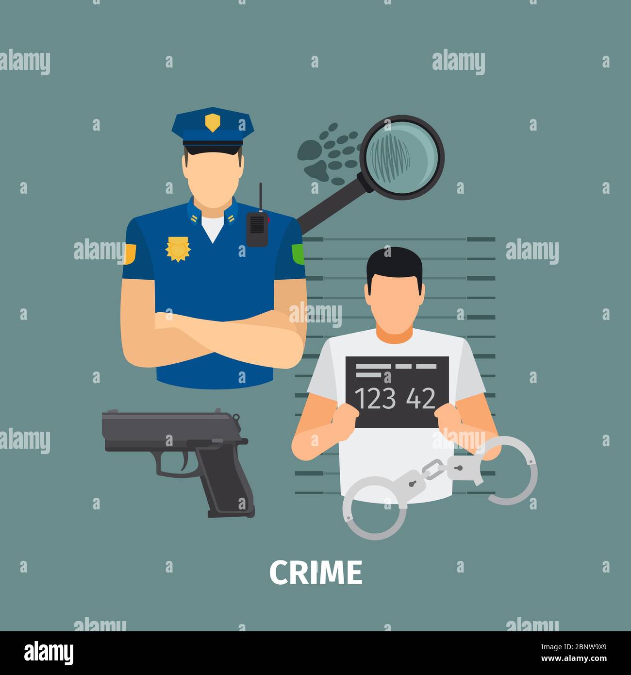 Law concept with crime. Policeman and criminal vector illustration ...