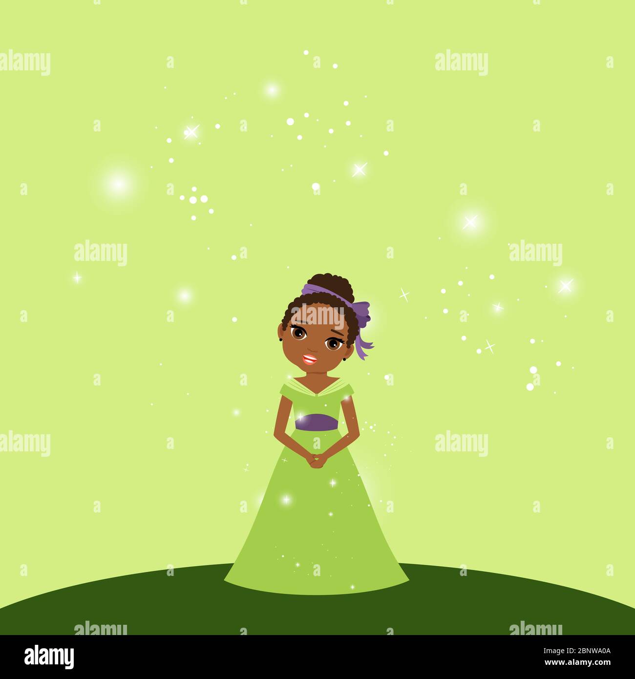 Beautiful cartoon princess with lights on the light green background ...