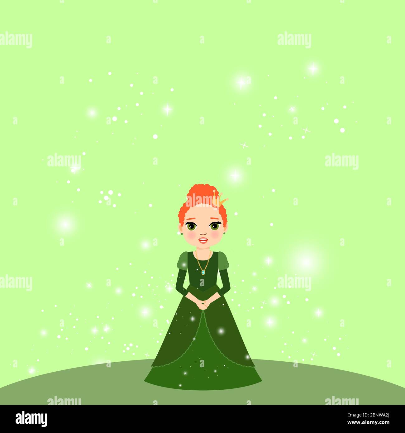 Beautiful cartoon princess with lights on the green background. Vector ...