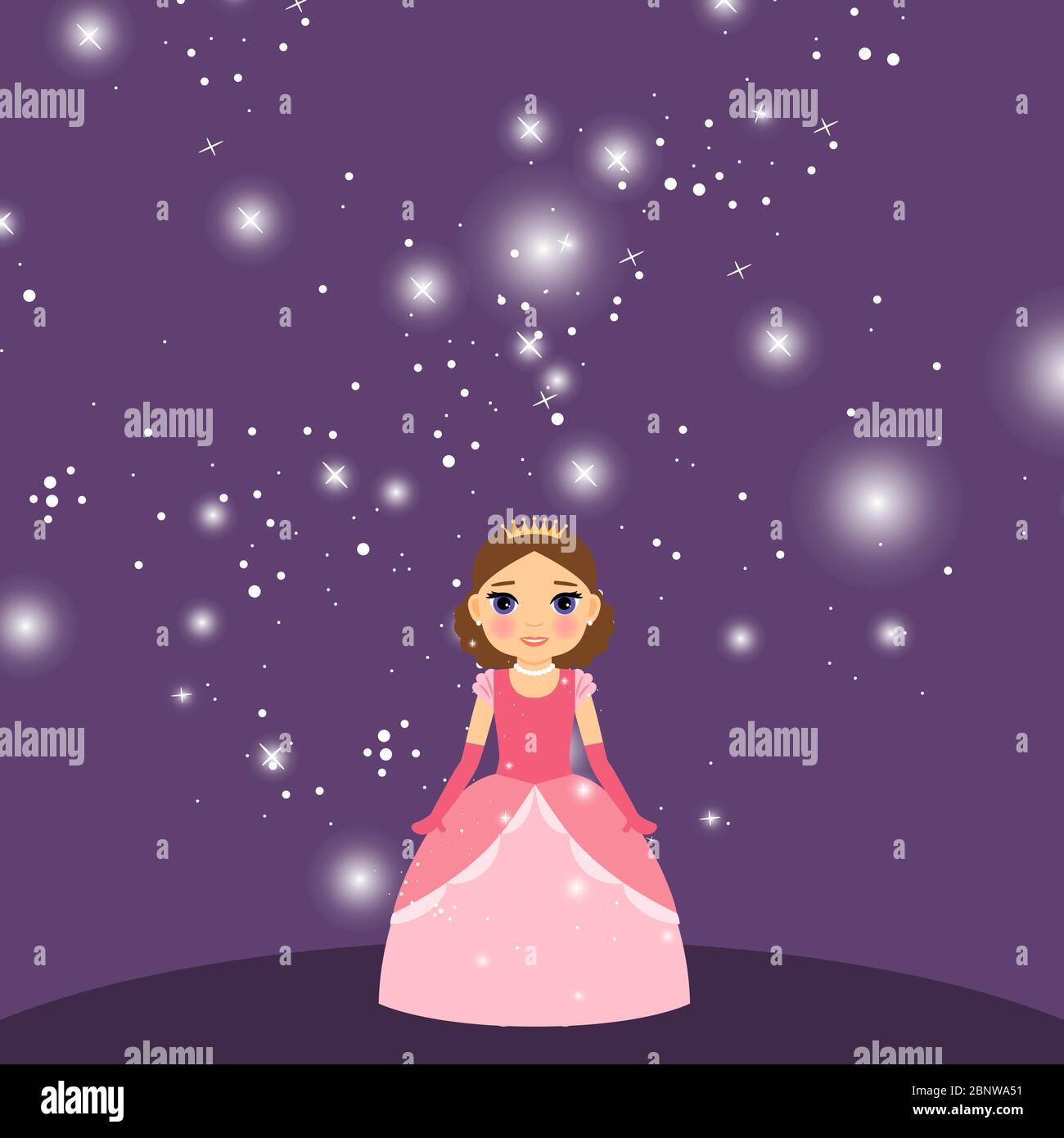 Beautiful cartoon princess with lights on the violet background. Vector ...